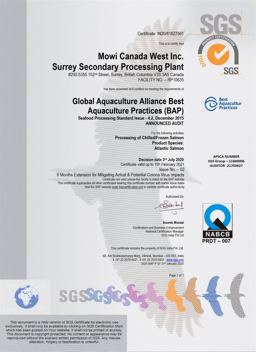 BAP Certificates - Mowi - Canada West